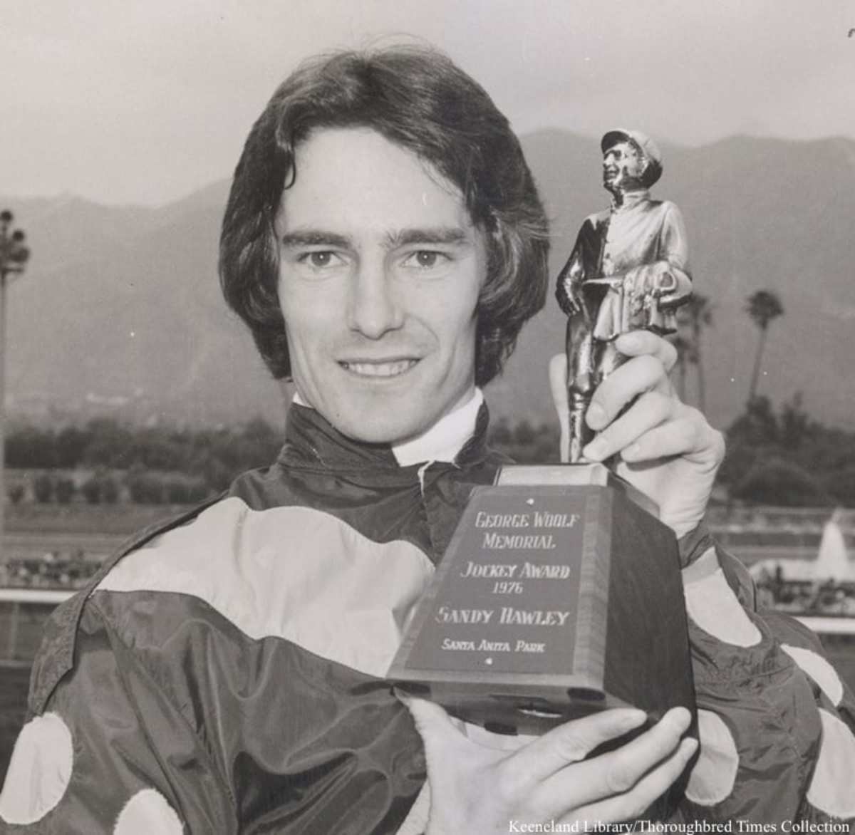 Sandy Hawley in an image dated Feb. 15, 1977 at Santa Anita